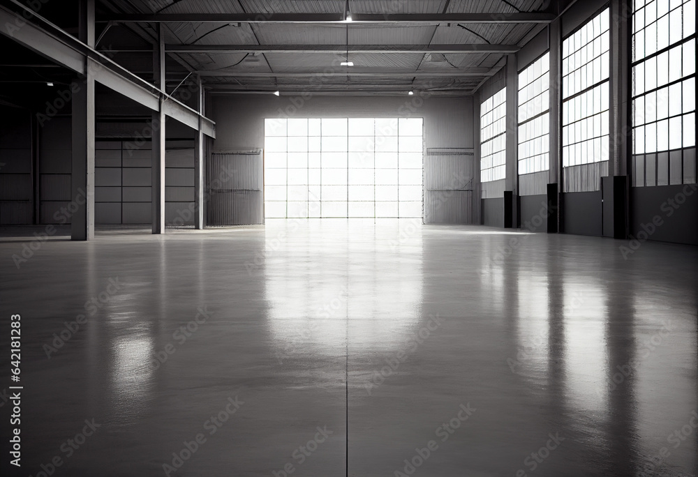 Photorealistic interior of a large empty industrial warehouse or hangar ...