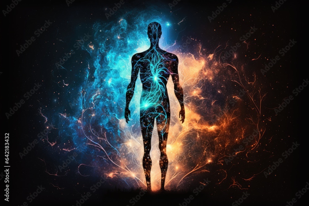 Human body with circulatory system and glowing energy on dark ...
