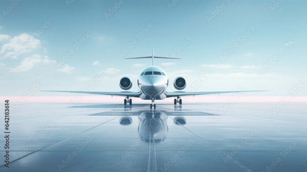 Airplane standing on a clear runway with a clear blue sky. Modern ...