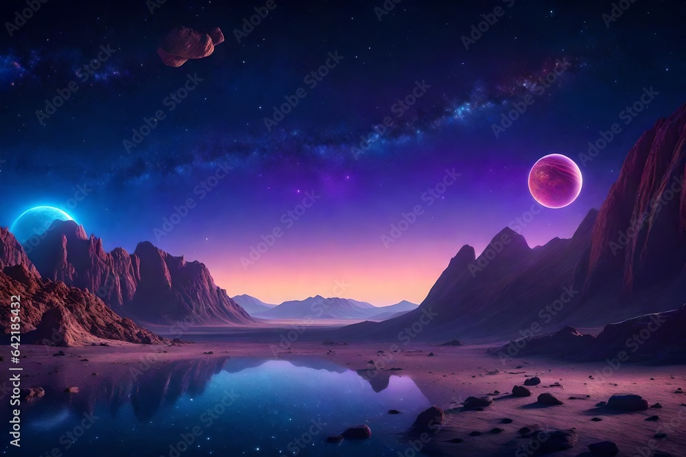 Cosmic background, alien planet deserted landscape with mountains ...