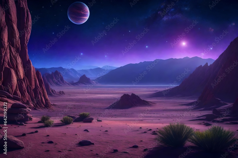 Cosmic background, alien planet deserted landscape with mountains ...