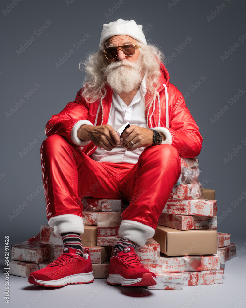 Fashionable Santa Claus with red sneakers, sitting on a pile of wrapped ...