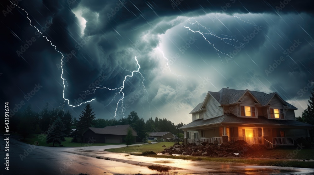 powerful tornado sweeping through a suburban area, with bright ...