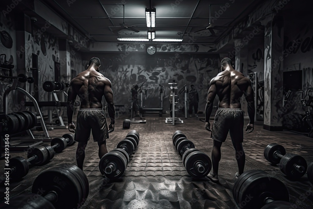 Energetic scene in the gym: bodybuilders training with assorted ...