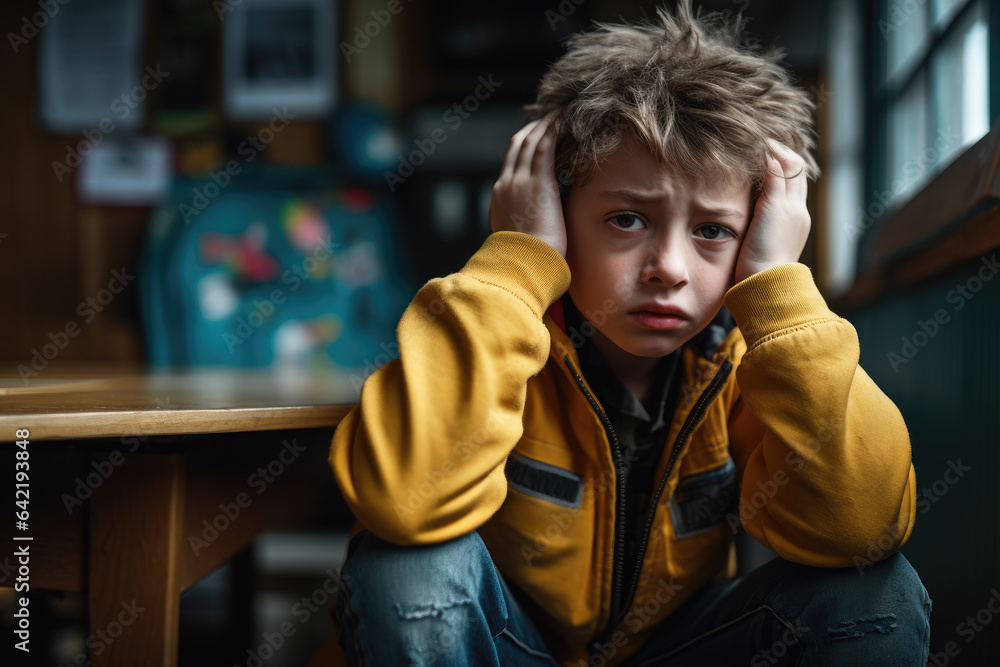 Sad autistic stressed kid covered his ears. Tired boy want to block out ...