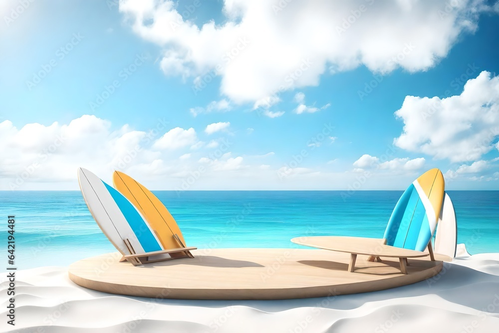 summer background 3d product display platform scene with surfboard ...