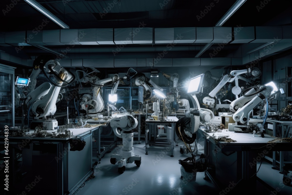 Robotics lab bustling with robots building complex structures in sync ...