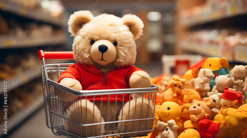 cute teddy bear on a shopping cart in chopping mall Stock Illustration ...