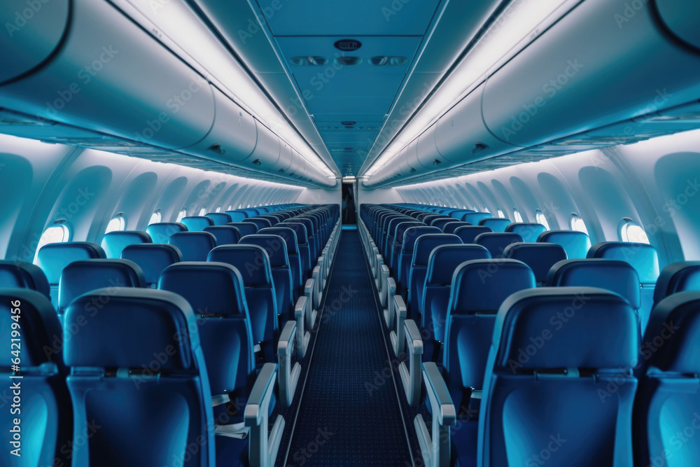 Interior of modern aircraft with flight seats and hallway in daytime ...