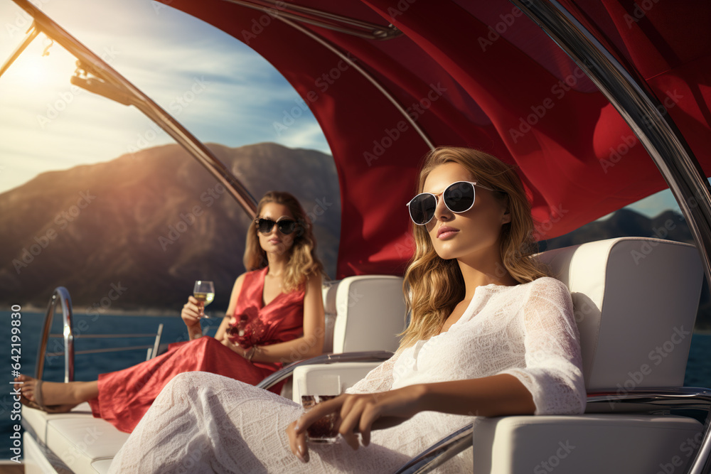 Wealthy women relax on luxury yacht, beautiful girls on cruise boat ...