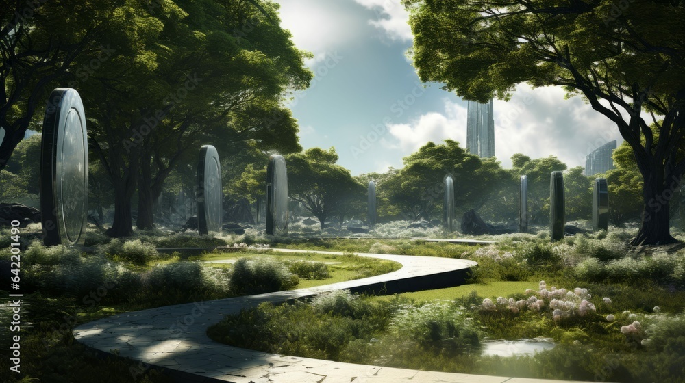 Futuristic Memorial Park, Green Sci Fi Public Cemetery with Green Space ...