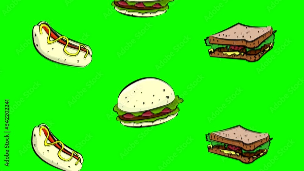 Animated video in cartoon style of a hot dog, hamburger and a sandwich ...
