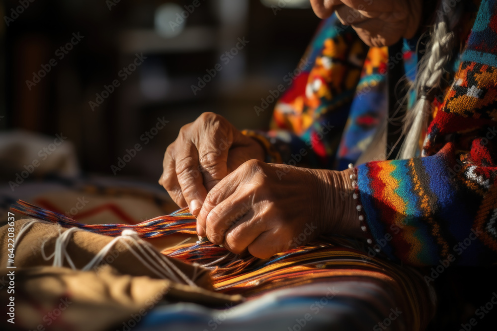 Foto de A close-up of a person's hand weaving a Navajo rug ...