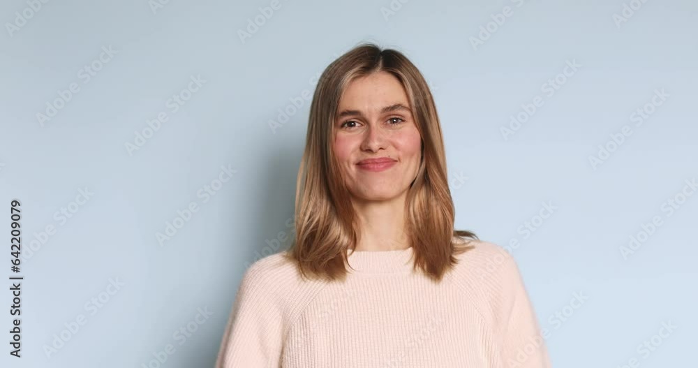 Funny amazed sweet blonde lady hands cheeks admire surprise isolated on ...