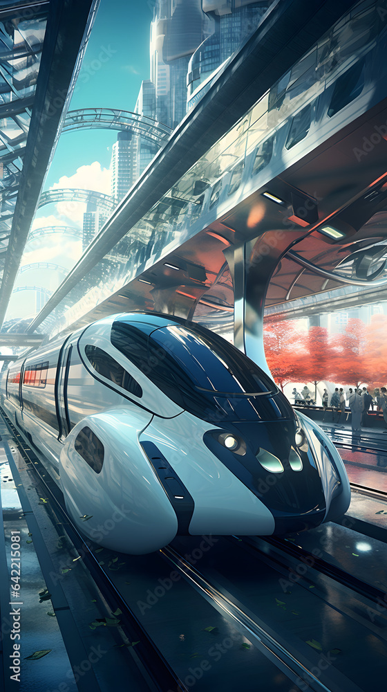 High-speed bullet train at a futuristic station, mobile background ...