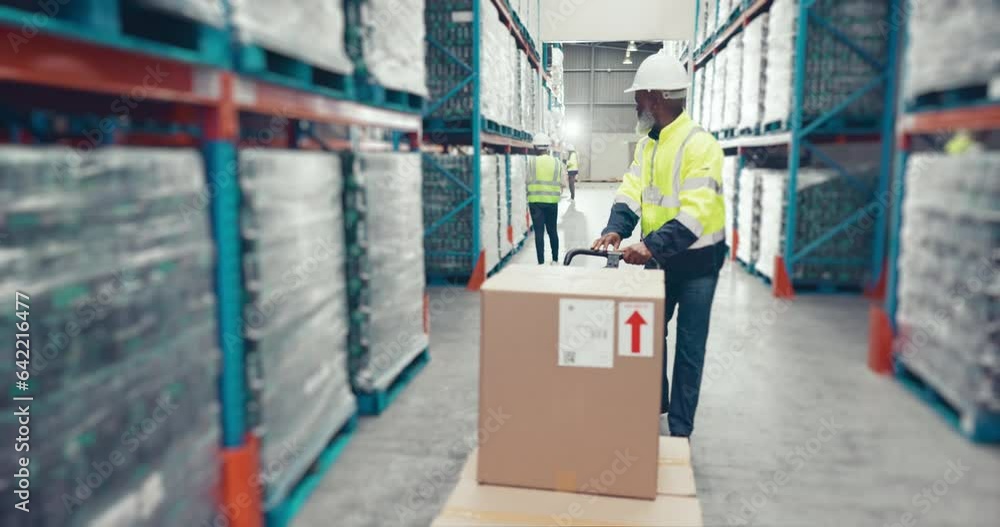 Boxes, warehouse trolley and black man transport product, walking and ...