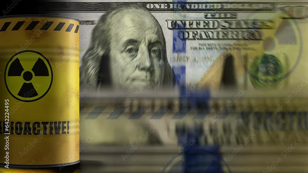 Nuclear radioactive waste barrels over USA Dollar money banknotes ...