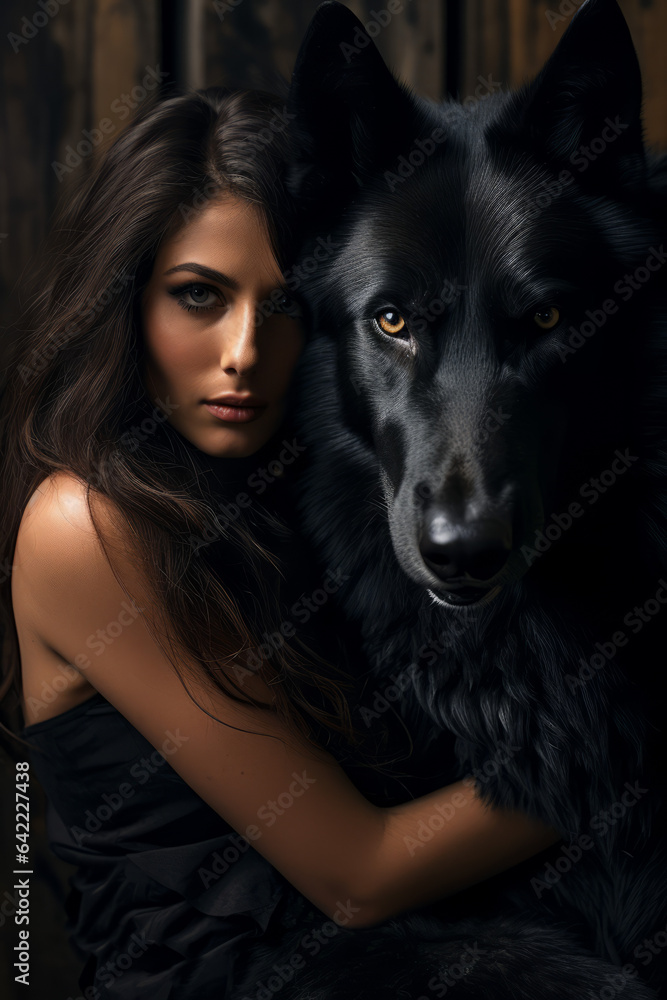 Beautiful woman hugging a big black wolf Stock Photo | Adobe Stock