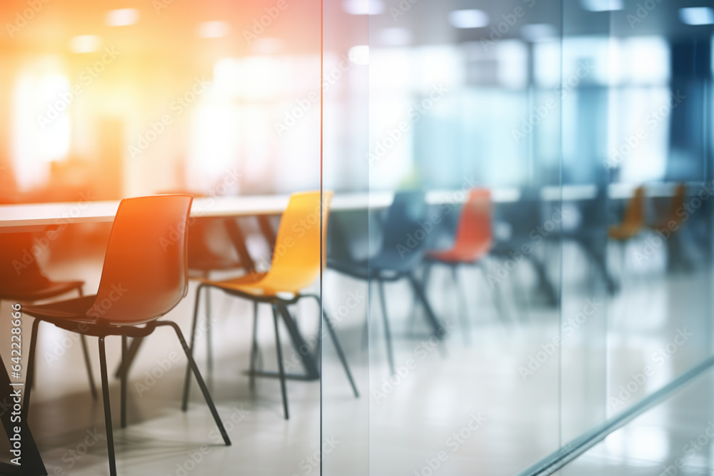 Group of chairs sitting in room next to glass wall. This versatile ...