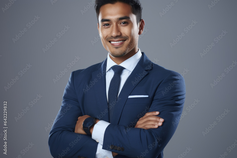Confident portrait of young Asian business man dressed in sharp blue ...