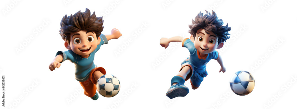 football or soccer player boy running fast and kicking a ball while ...