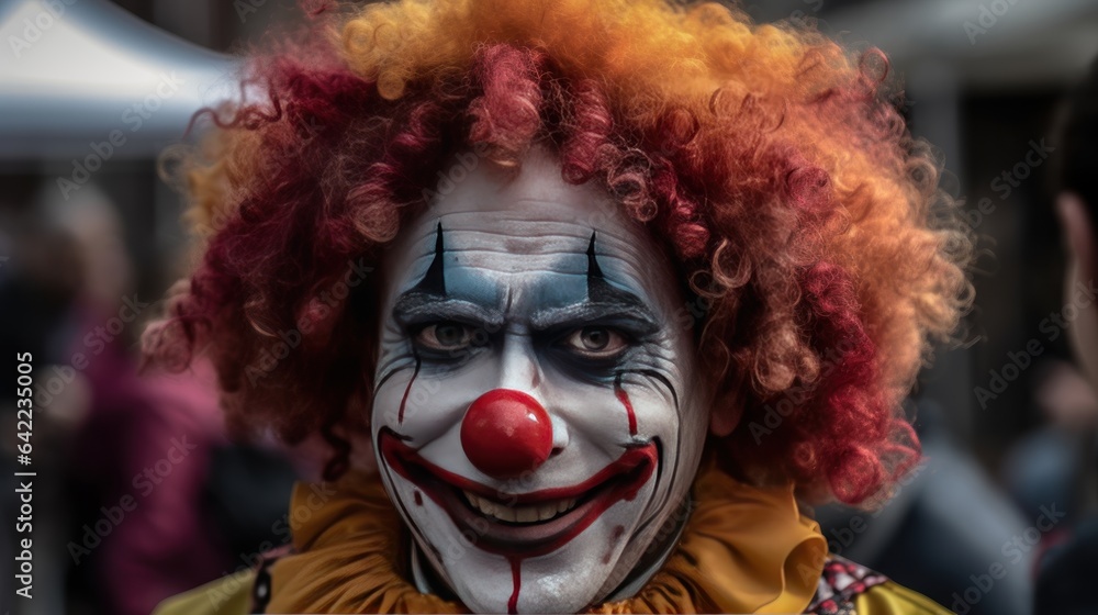 Portrait of a clown in a carnival mask. Close-up.Portrait of happy ...