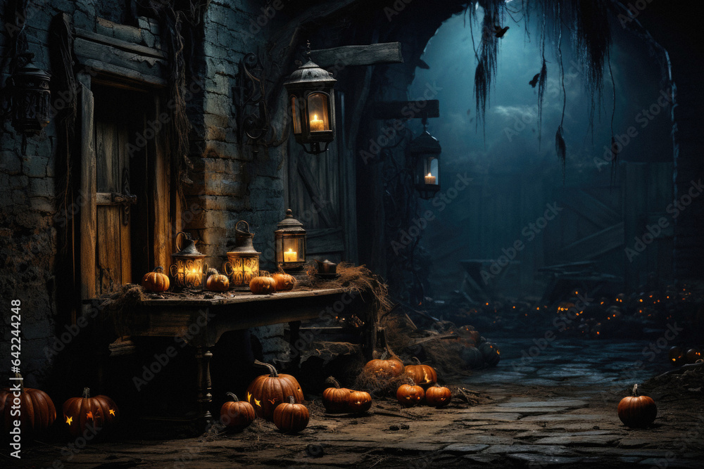 Foto de Halloween spooky background, scary pumpkins with smoke in old ...