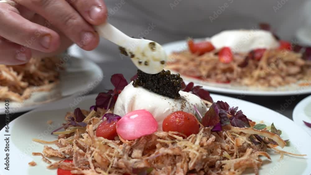 A beautiful restaurant dish consisting of dried octopus strips, burrata ...