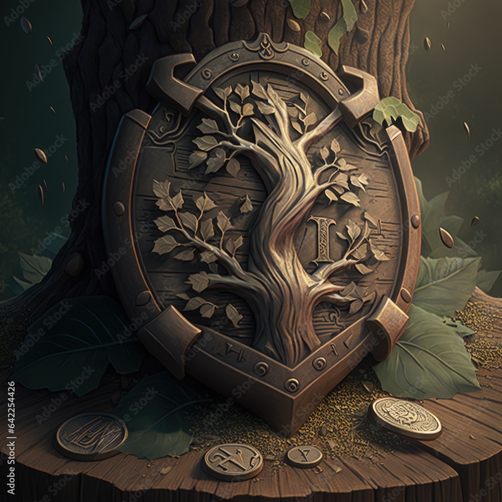 Medieval Guild Emblem: Symbolic Oak Tree Log of Wood Coin for a Fantasy ...