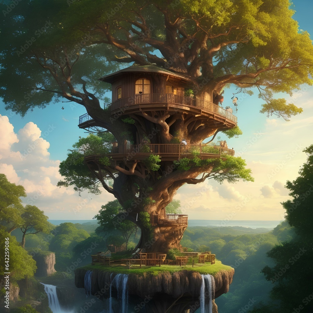 treehouse perched atop a towering oak tree,, created by ai generated ...