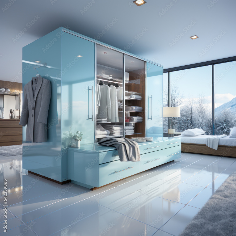 Large white walk in wardrobe with steel handles Stock Photo | Adobe Stock