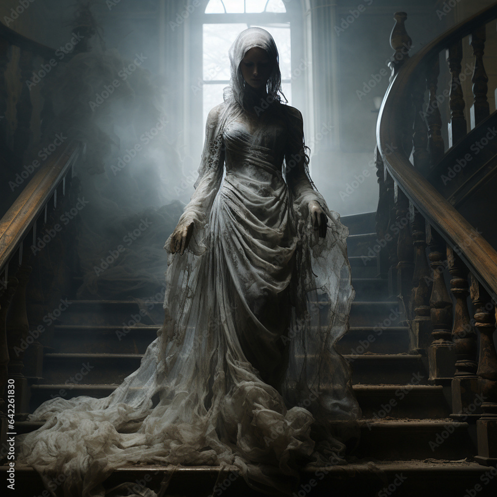 female ghost wearing a dress standing on a staircase inside an ...
