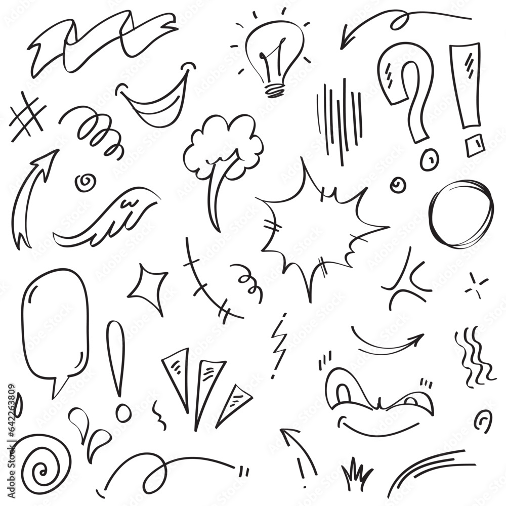 Vector set of hand-drawn cartoony expression sign doodle, curve ...