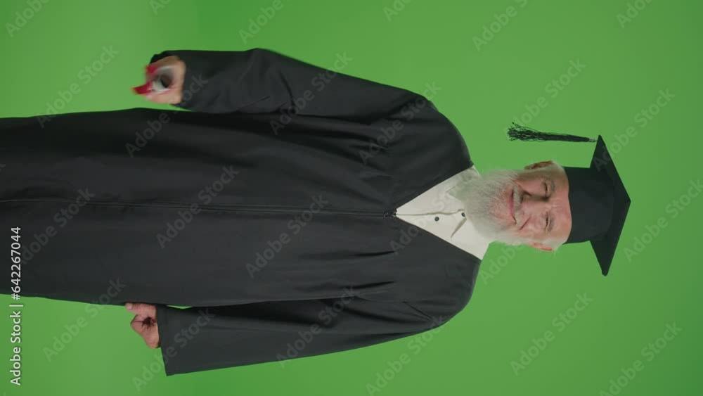 Vertical View.Green Screen. A Portrait of an Old Graduate Man, Shows ...