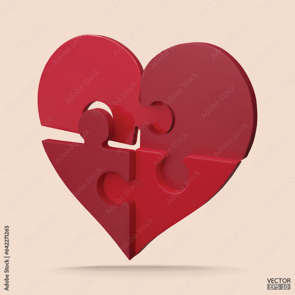 3D Cartoon Love Puzzle jigsaw isolated on beige background. Red heart ...