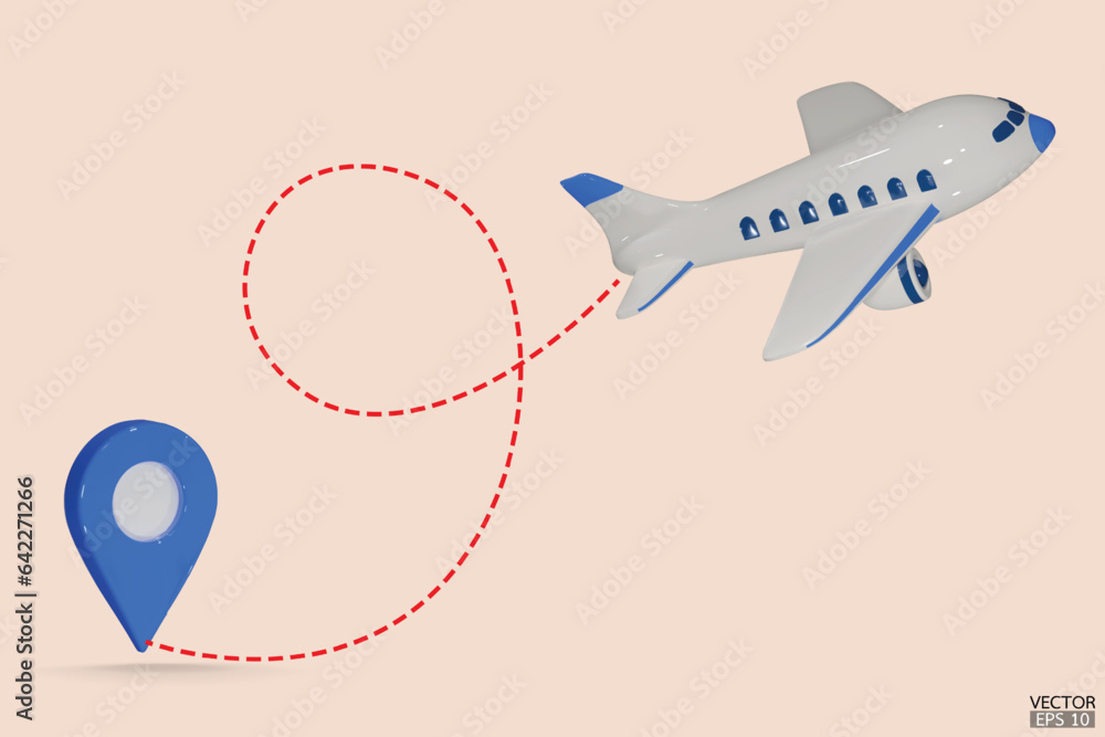 3D cartoon blue Airplane flying and leaves a red dashed trace line ...