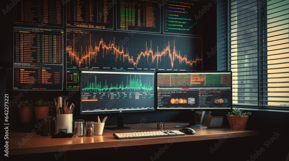 The side view of a multi computer screen displaying multiple financial ...