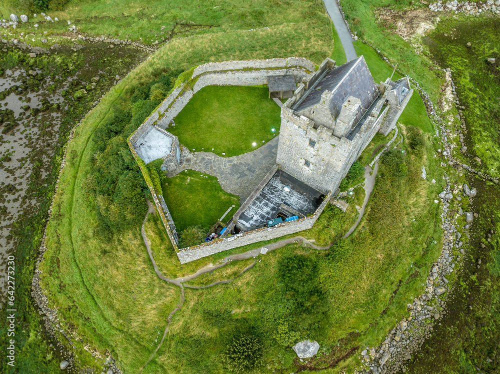 Aerial top down ground plan view of Dunguaire Castle is a 16th-century ...