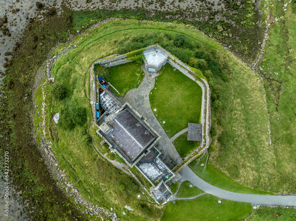 Aerial top down ground plan view of Dunguaire Castle is a 16th-century ...