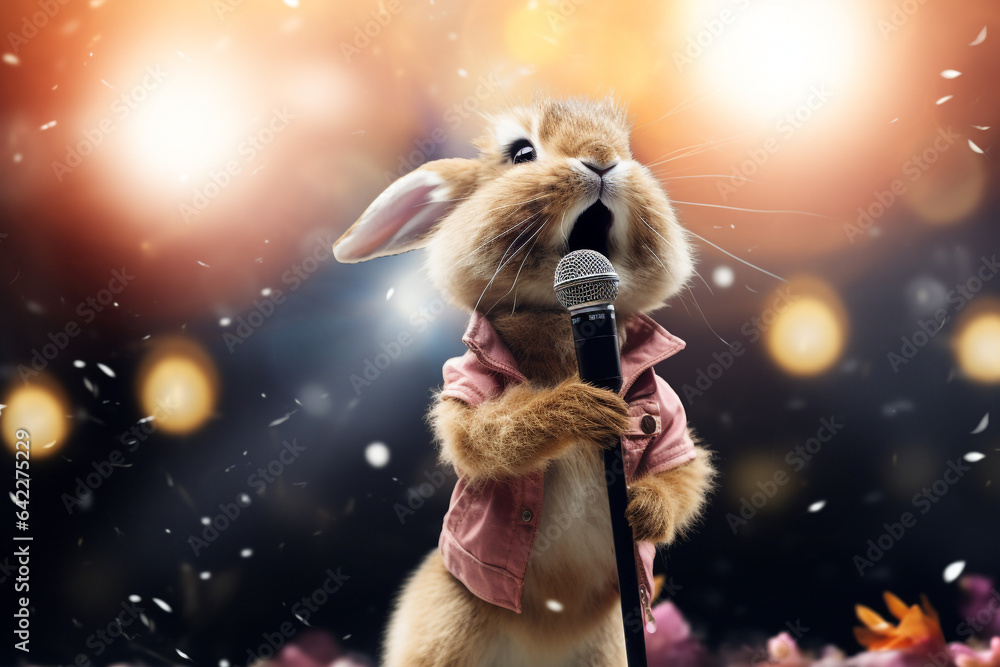 cute bunny singing into microphone with stage background Stock Photo ...