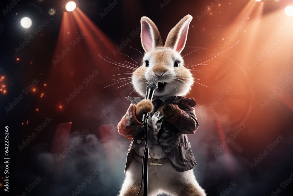 cute bunny singing into microphone with stage background Stock Photo ...