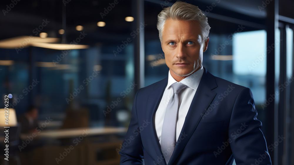 portrait of wealthy, serious CEO businessman with gray hair and blue suit in office Stock Photo ...