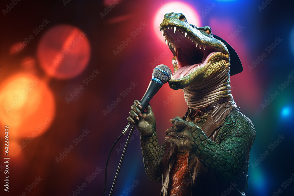 cute crocodile singing through microphone with stage background Stock ...