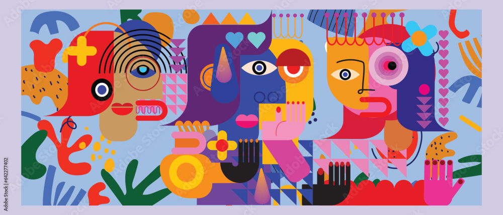 Colorful abstract people face shapes with portraits as a cubism wall ...