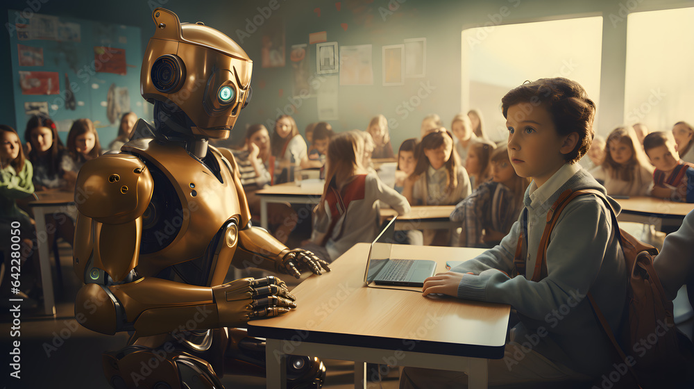 robots are sitting at a table in a classroom with students Generative ...