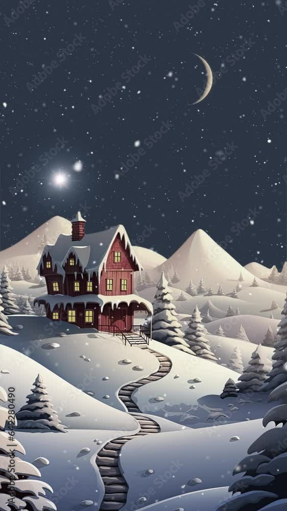 A snowy animated night winter landscape featuring falling snow, a house ...