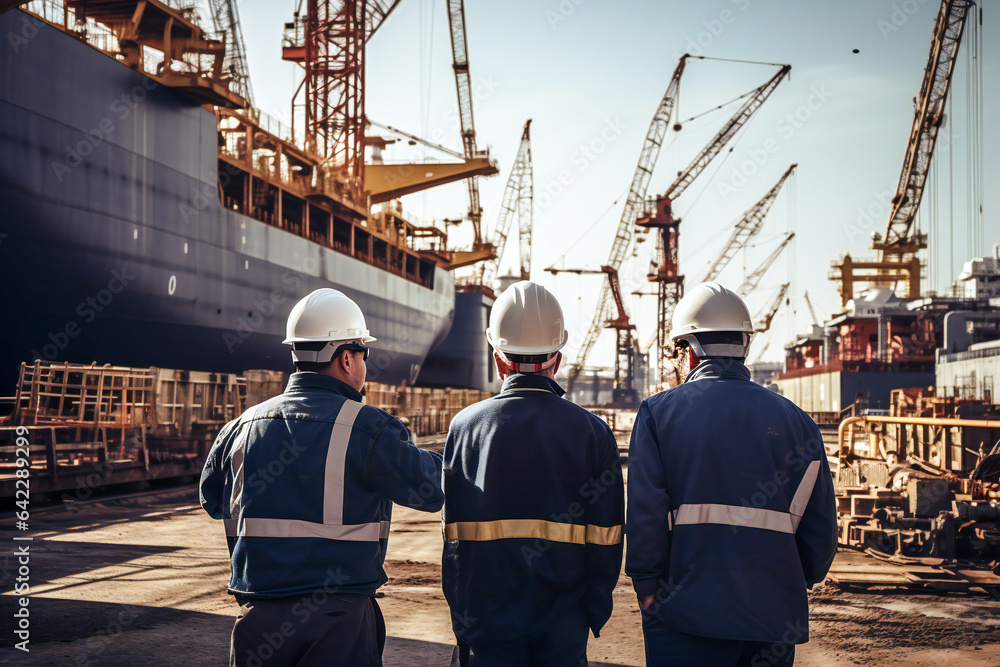 Big ship under construction in shipyard with shipyard workers around ...