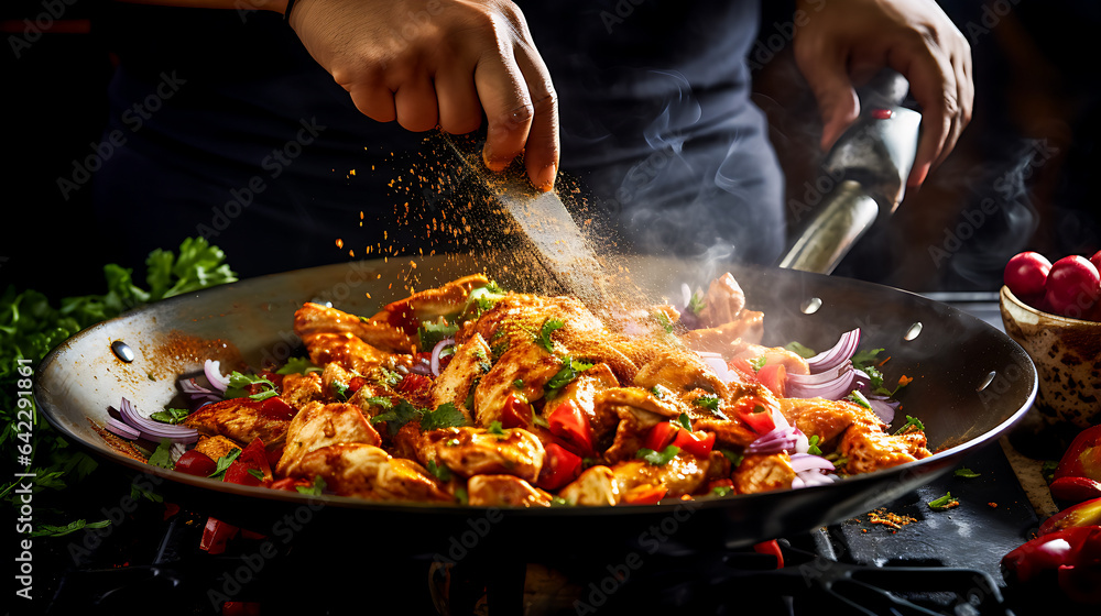 Chef cooking Chicken Tikka Massala in a dish Stock Photo | Adobe Stock