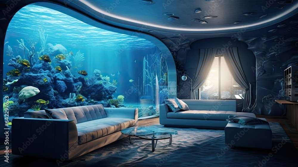 Residential house in the depths of the sea, among the coral reef, with ...