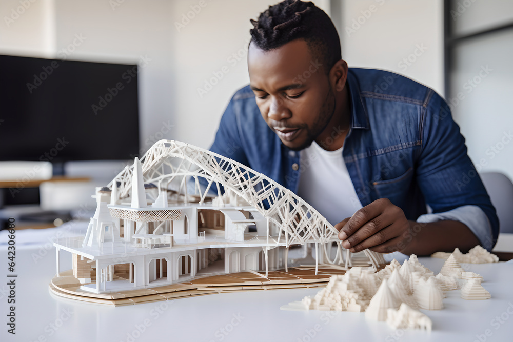Professional male architect looking at a 3D printed model of a real ...